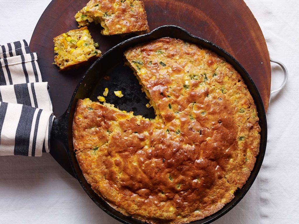Poblano, Bacon and Cheddar Skillet Cornbread - Pati Jinich
